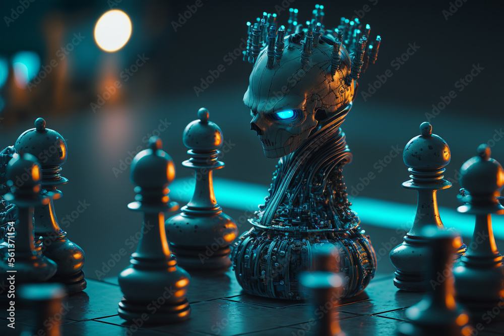 cyberpunk chess, a dead king on a chessboard, created by a neural ...