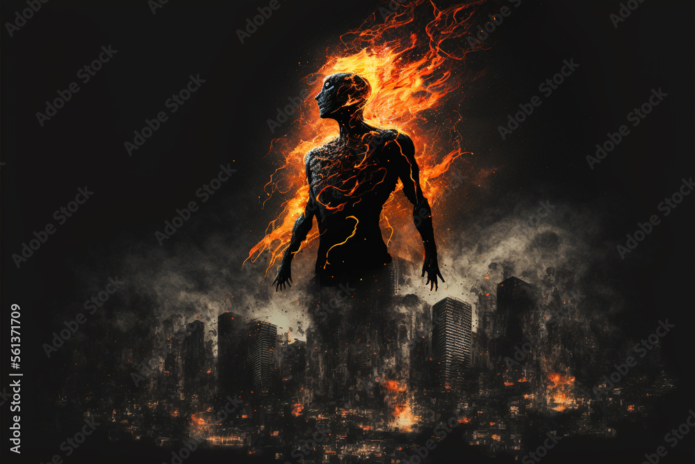 the figure of a man burning alive against the background of destroyed ...