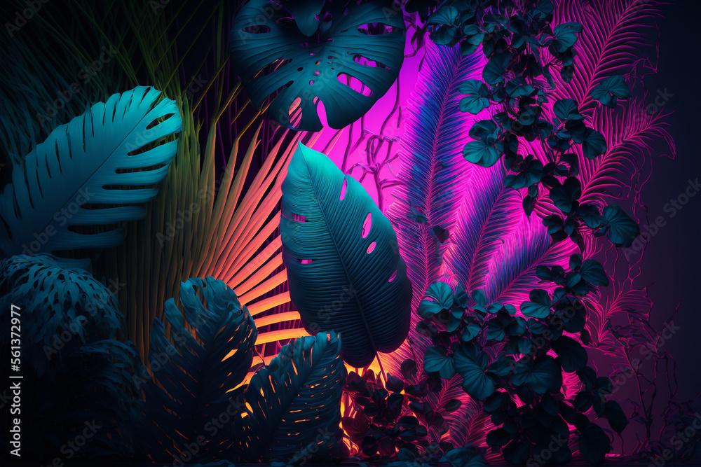 neon background of tropical leaves from the jungle, created by a neural ...