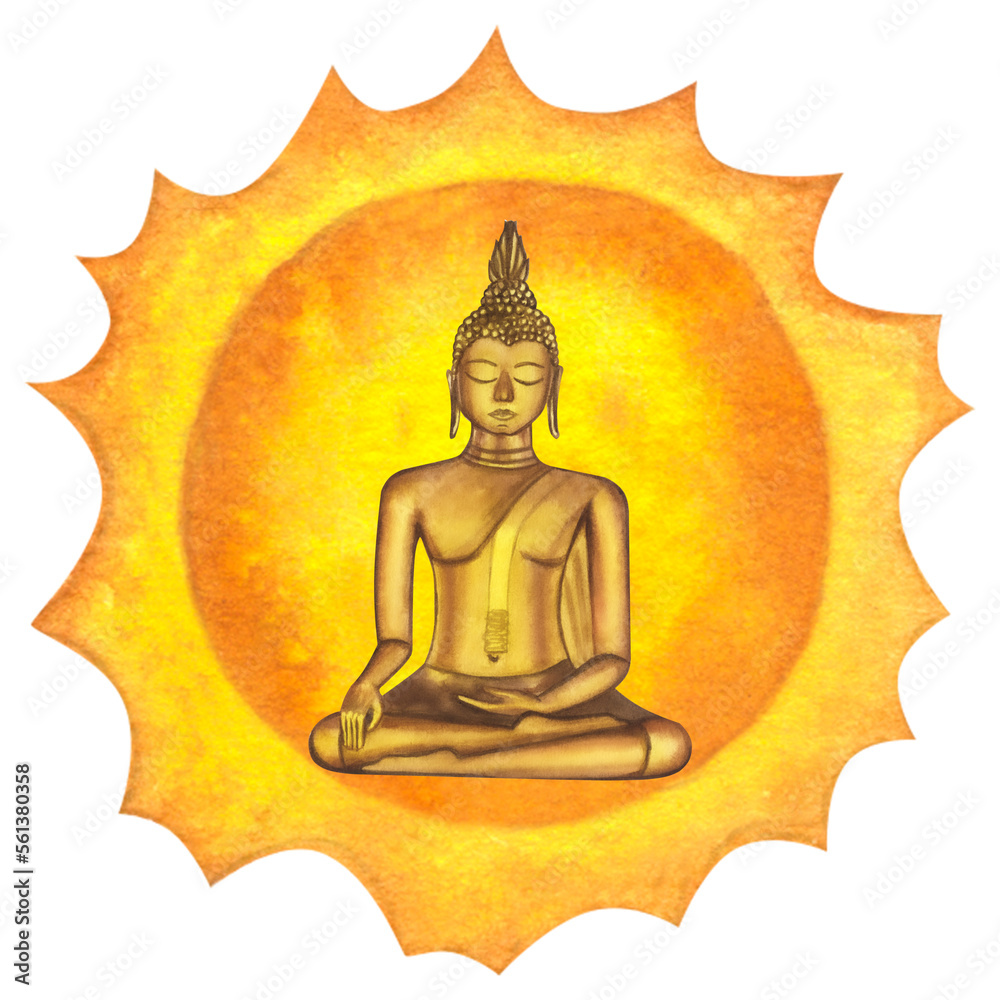 Yellow sun with gold buddha in the center. Religion, buddhism. Sunset ...