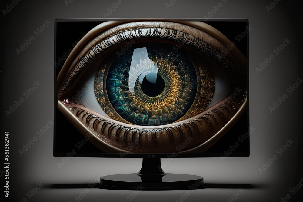 Computer with all-seeing eye as background screen. Technology ...