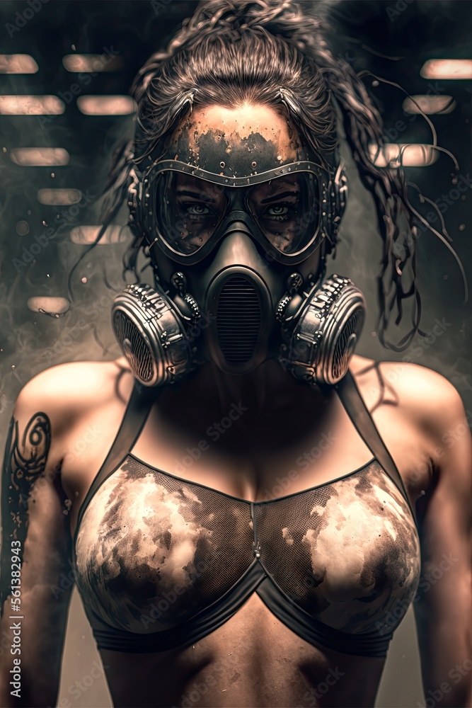 Fitness Model Brunette Woman Wearing Gas Mask Generative Ai Fictional Non Derivative Character
