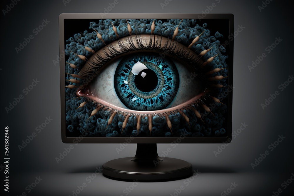 Computer with all-seeing eye as background screen. Technology ...