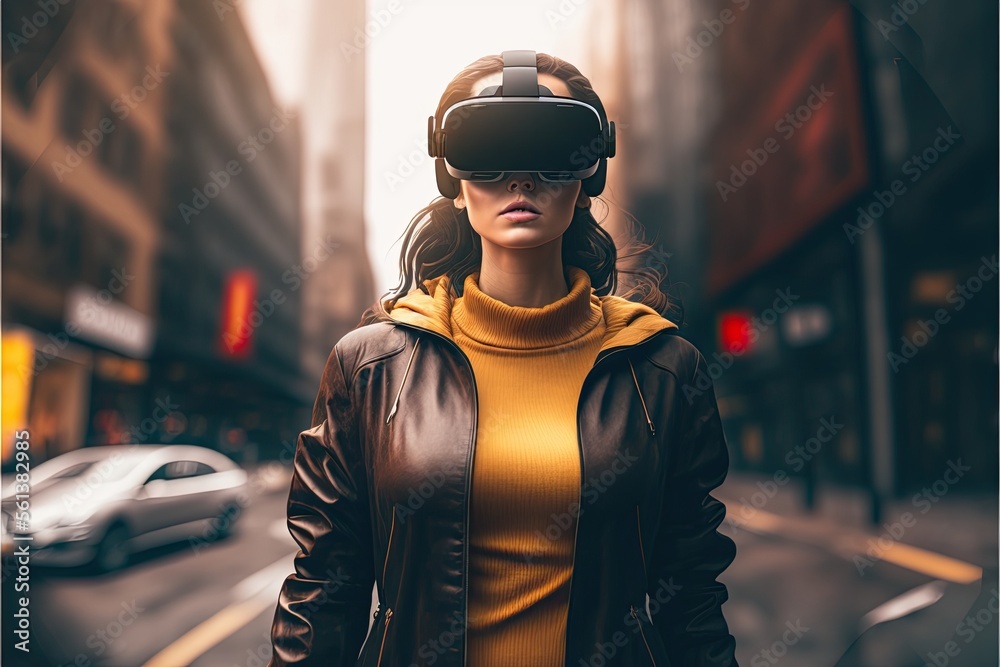 Gorgeous woman wearing VR helmet in the future, front view on the city ...