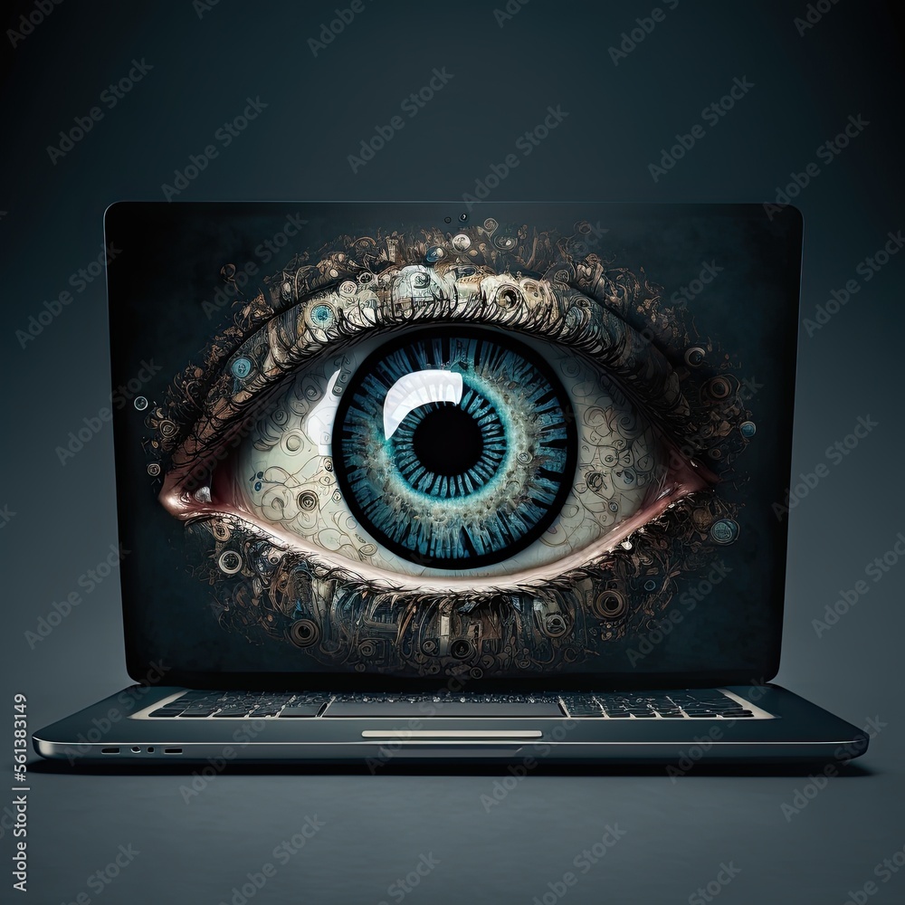 Computer with all-seeing eye as background screen. Technology ...