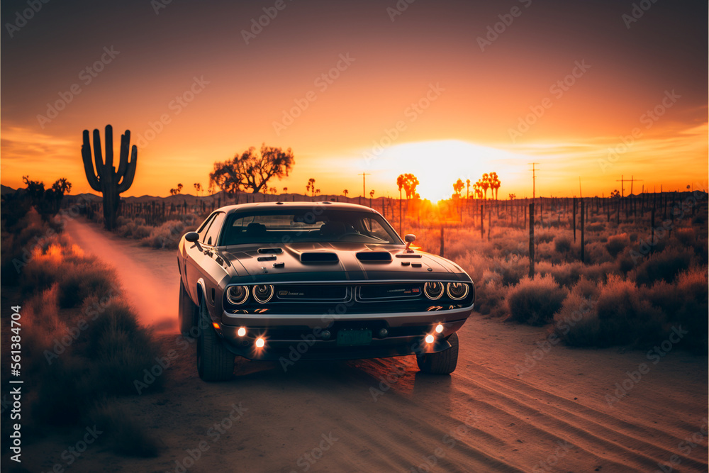 Muscle car in the desert at sunset background, auto industry classic ...