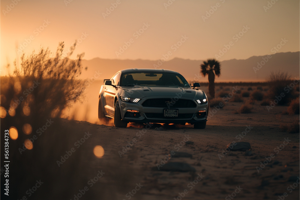 Ford Mustang Shelby GT500 Racing through the desert at sunset Stock ...