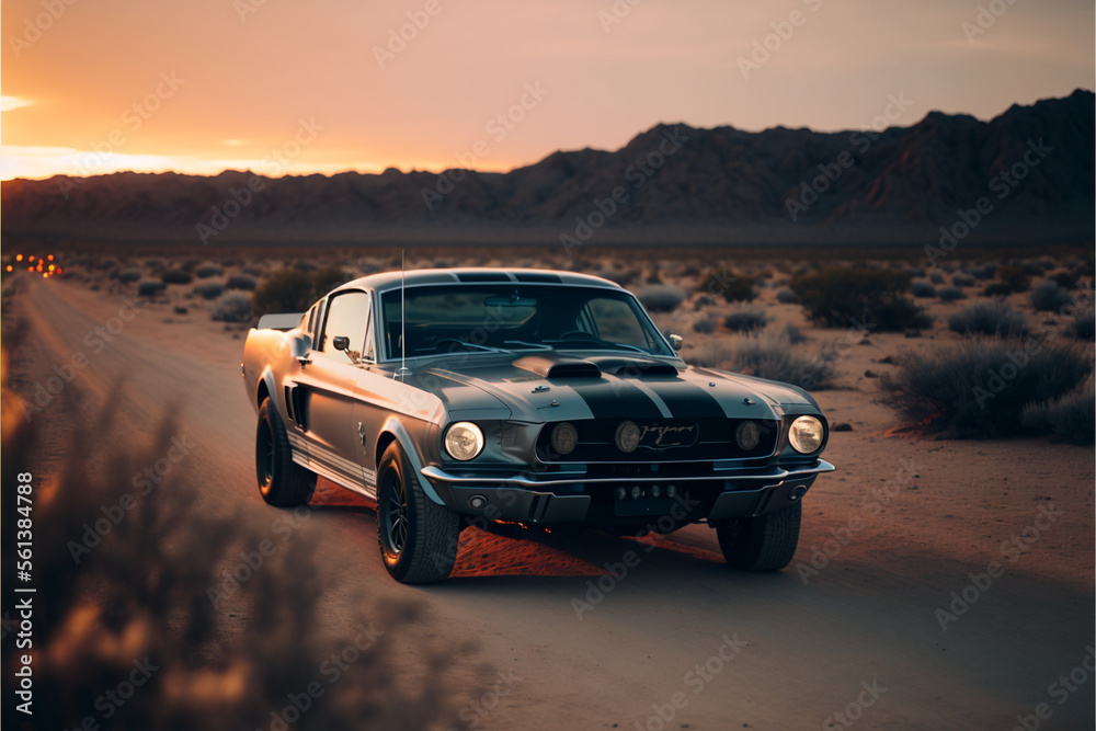 Ford Mustang Shelby GT500, American Muscle Car, in the desert at sunset ...