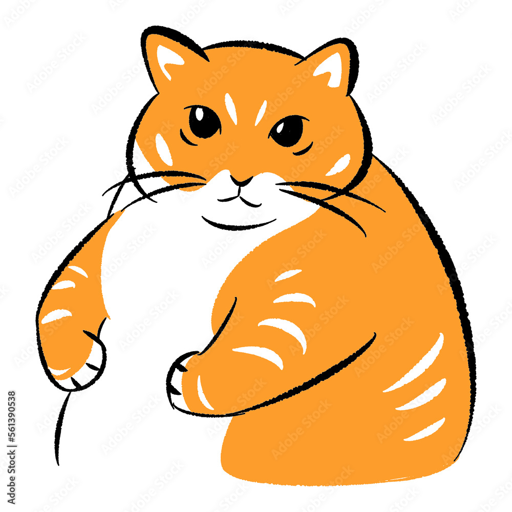 Orange color fat cat hand drawn illustration. line art, black outline ...