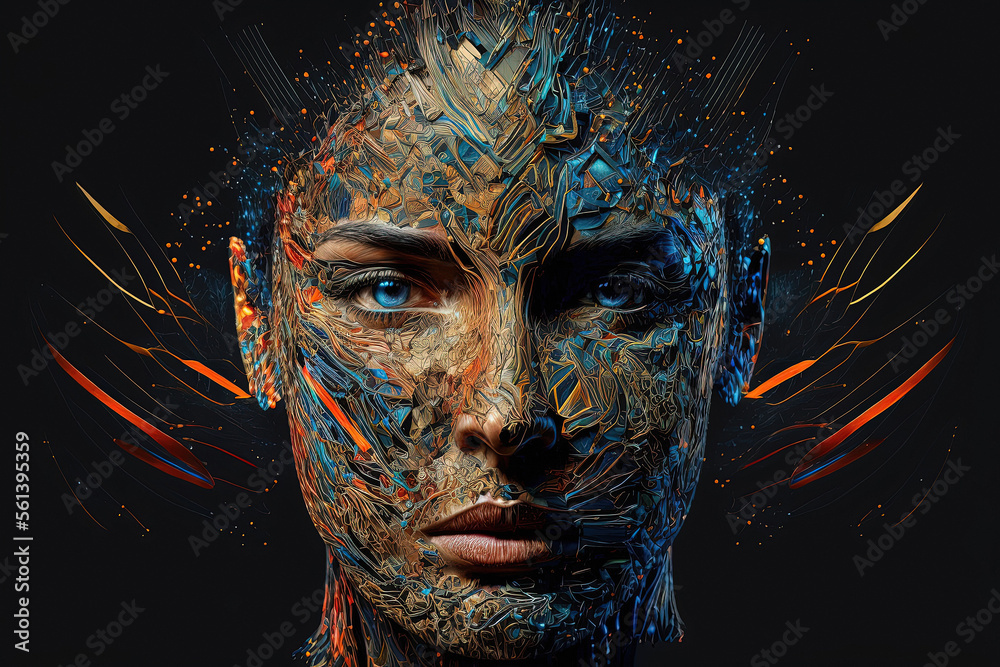 Front view of a humanoid cyber girl with a neural network. Artificial ...