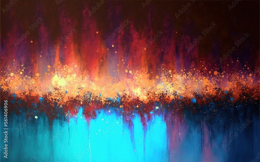 Impressionistic blue red teal fire modern oil painting and sparkling ...
