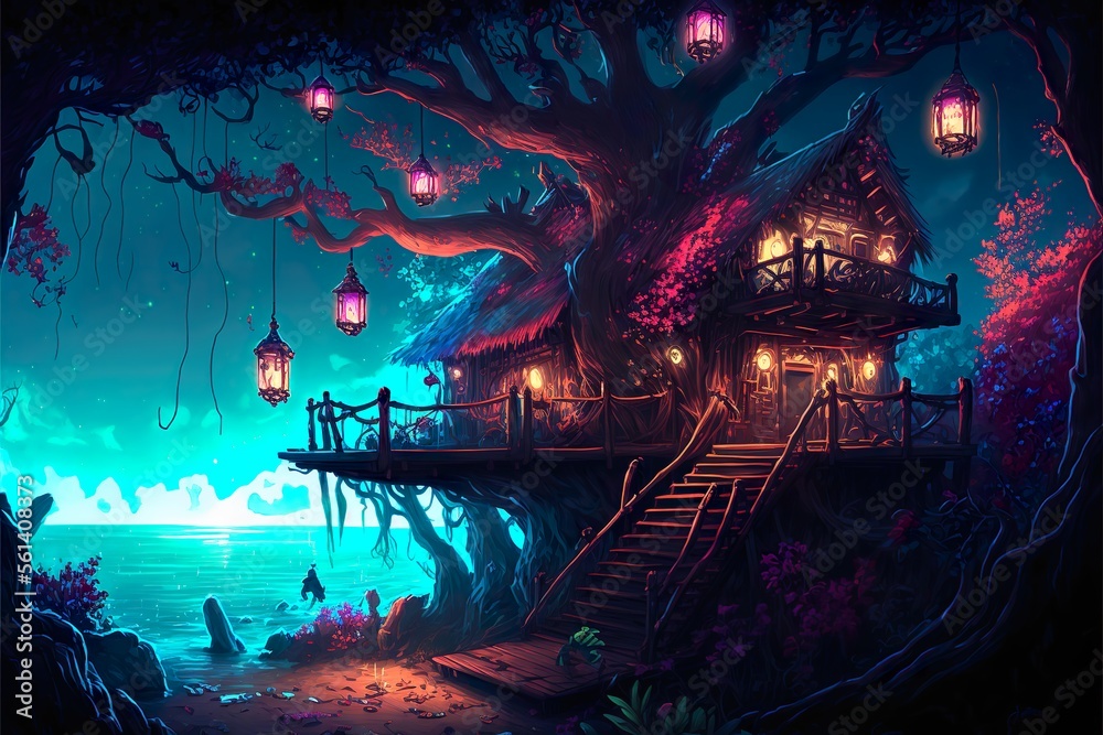 Fantasy Mangrove treehouse village Stock Illustration | Adobe Stock