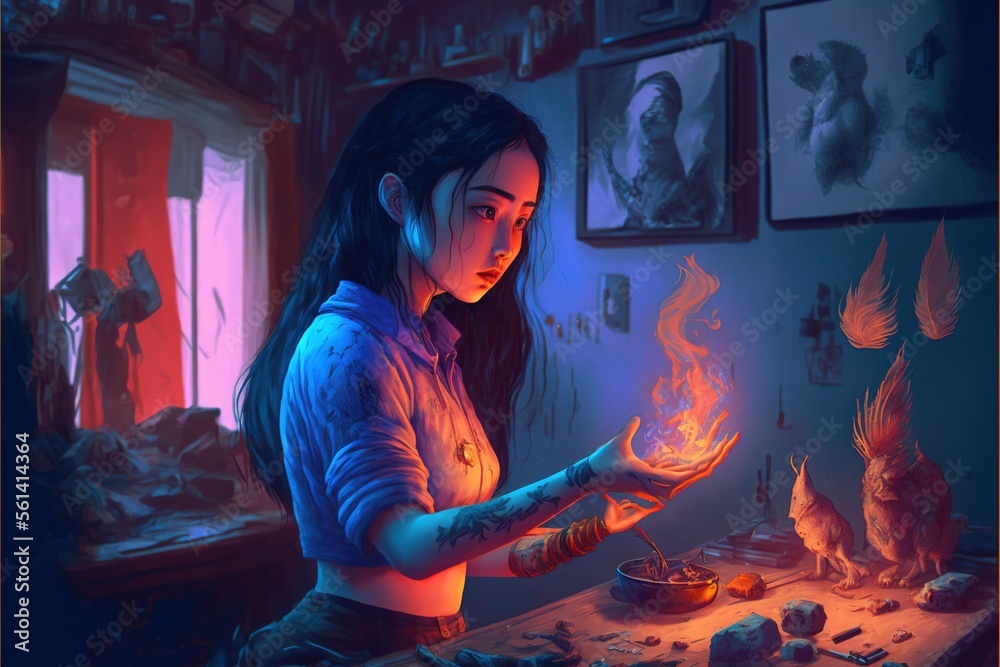 Little girl with magic powers. A girl using the magic in her hand to ...