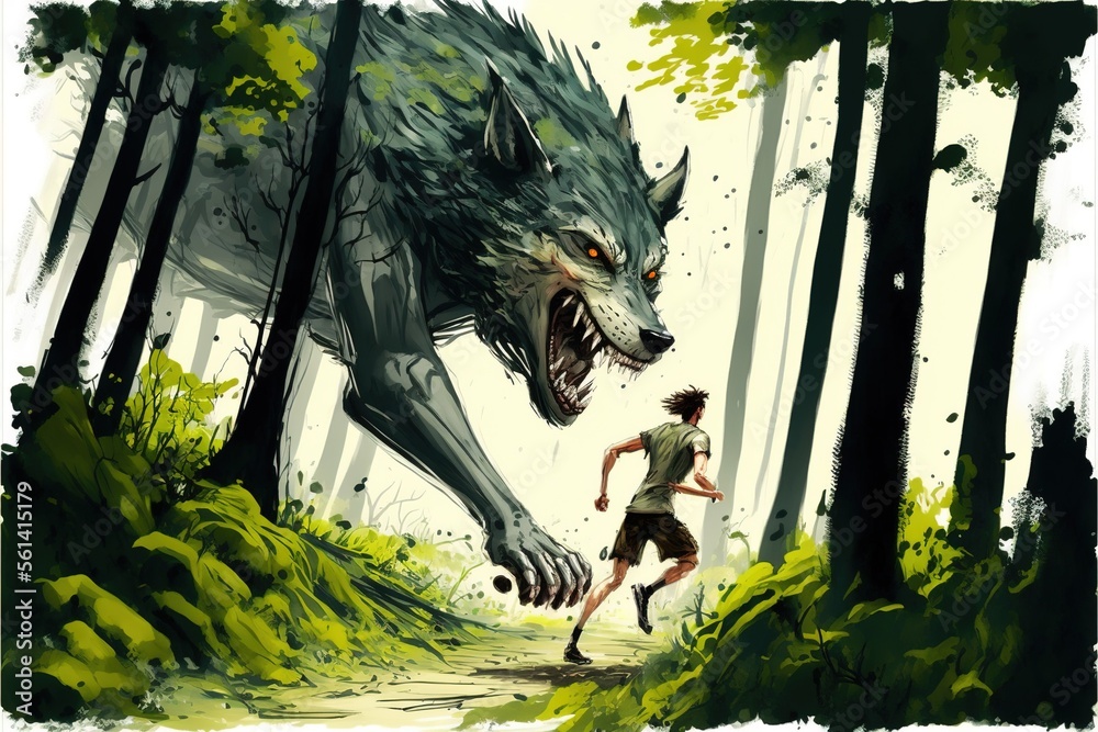 Boy running in the dark magic forest with his wild animal pet. A man ...