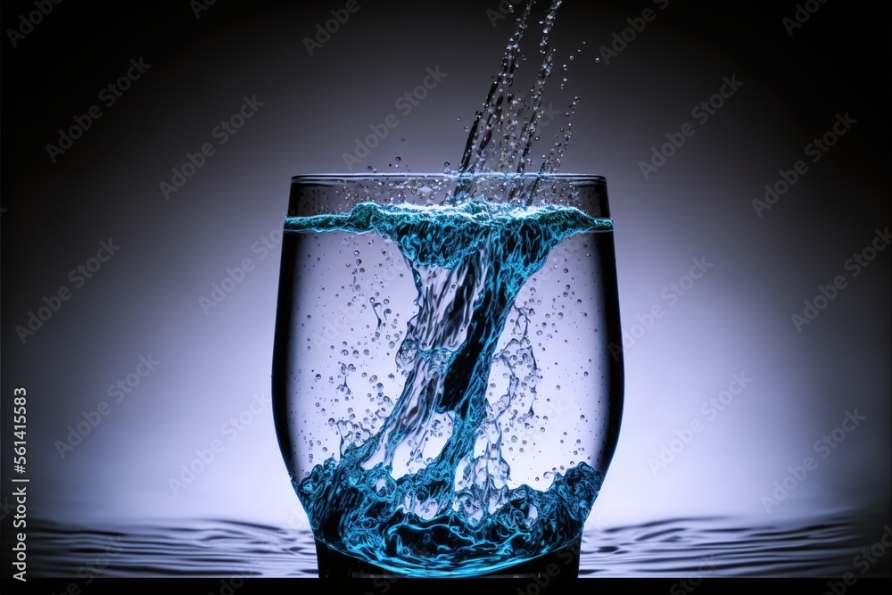 Overflowing water glass like a waterfall, glowing, created with ...