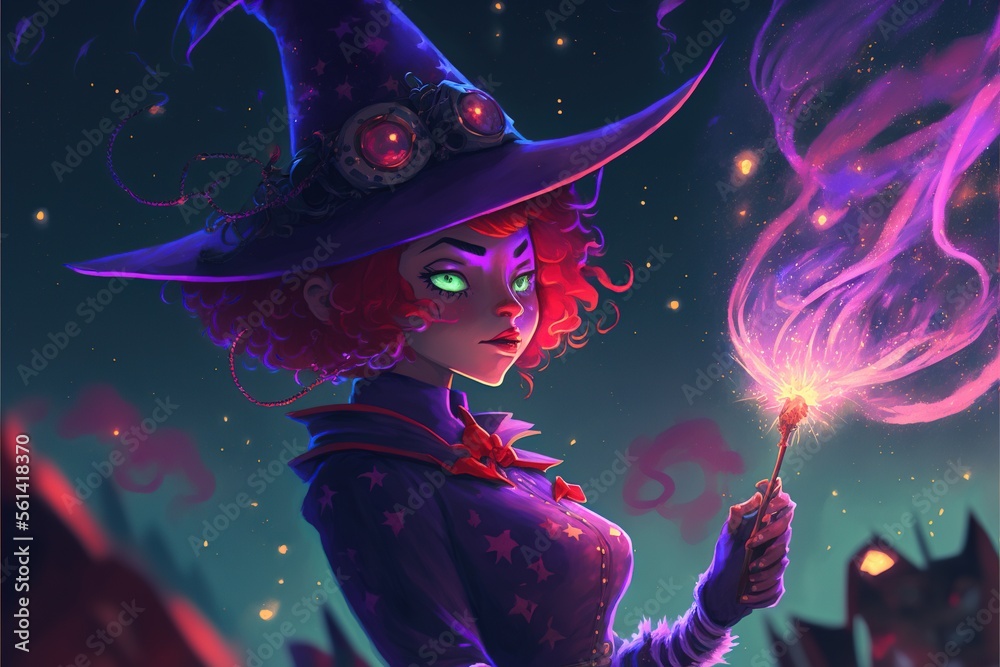 Mysterious witch with wand in hands. Witch girl cast spells with magic ...