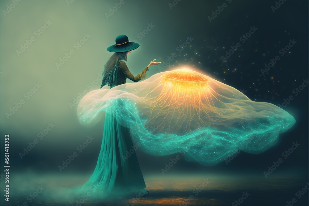 Woman reached out to touch the fantasy jellyfish floating in the air. A ...