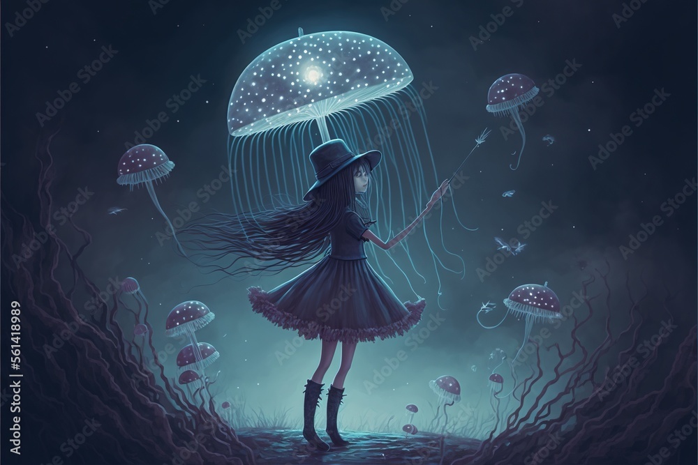 Woman reached out to touch the fantasy jellyfish floating in the air. A ...