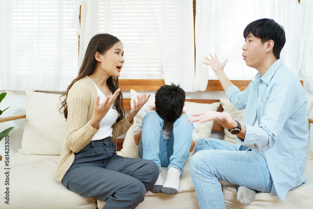 unhappy Asian family, critical problem of father and mother arguing ...