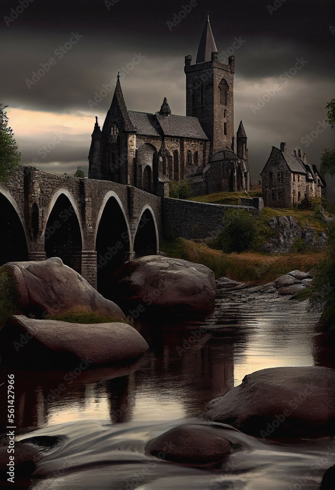 castle bridge sitting on top of a lush green hillside, a detailed ...