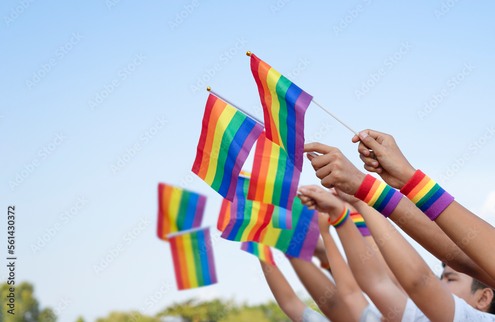 Foto de diversity of gays hands wear rainbow wristbands holding lgbt ...