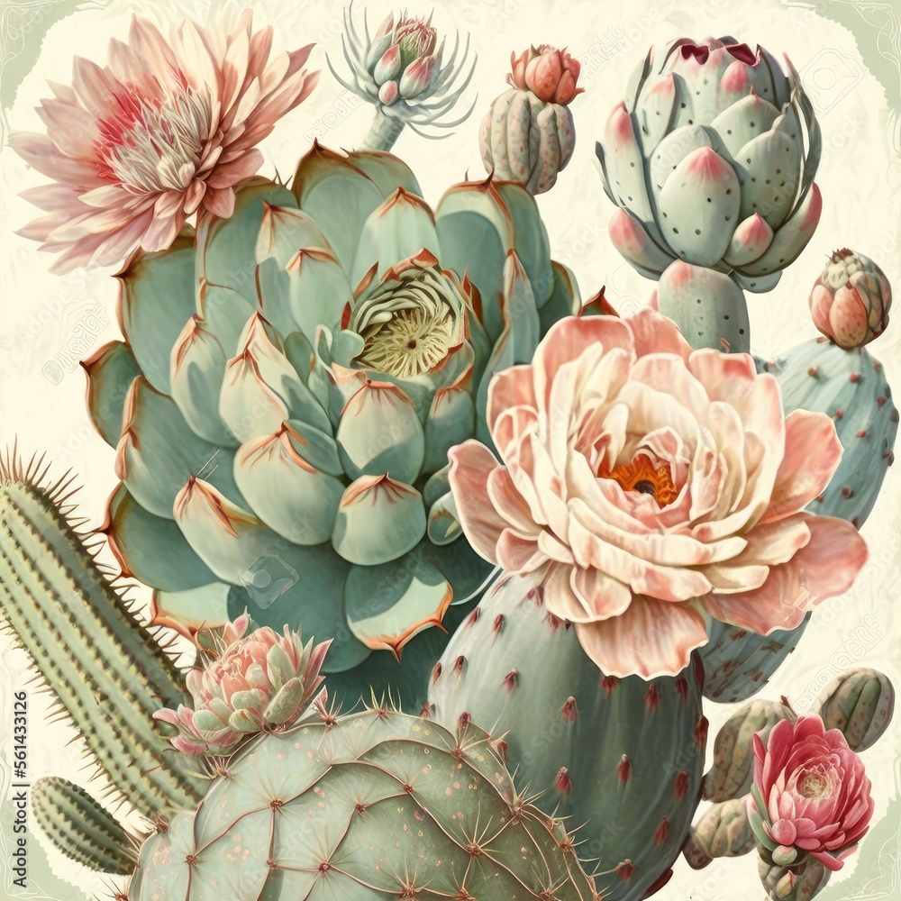 cactus, flowered, very light and dull pastel, water color, vintage art ...