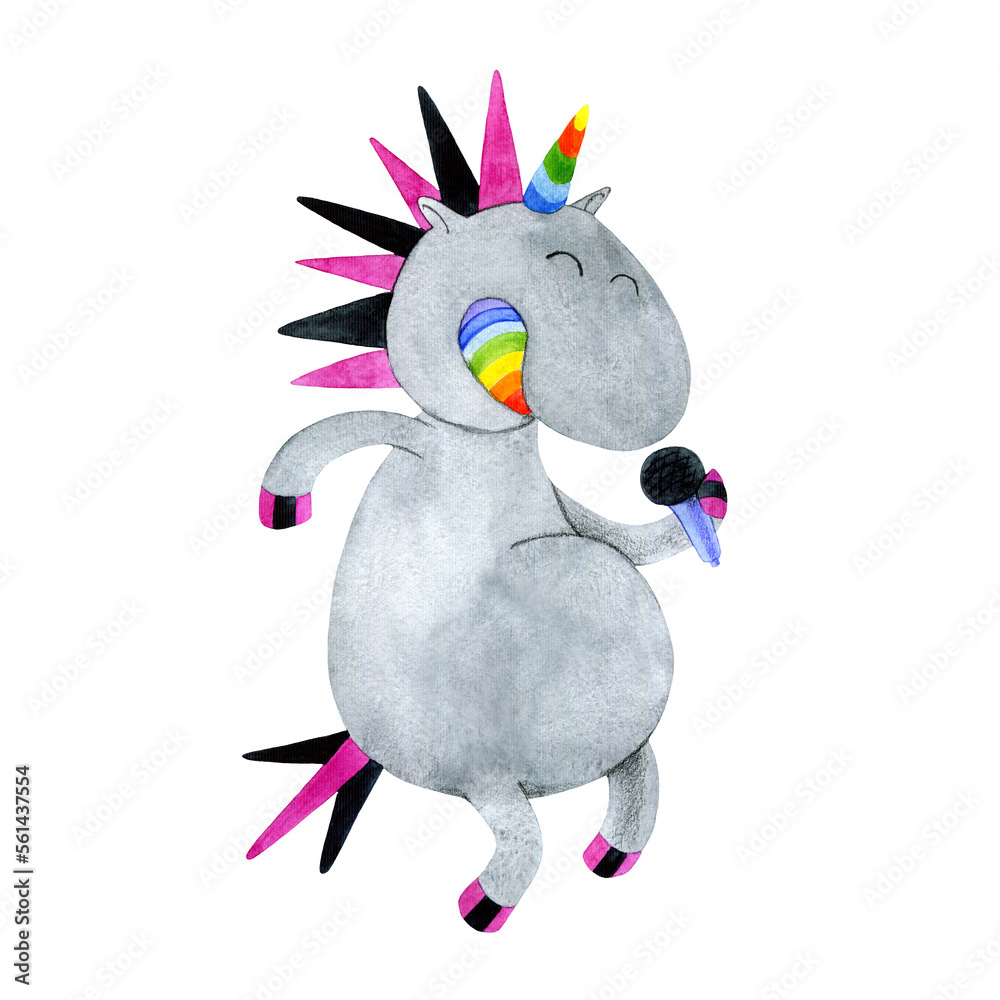 Cartoon unicorn punk musician with a microphone. Funny magical fairy ...