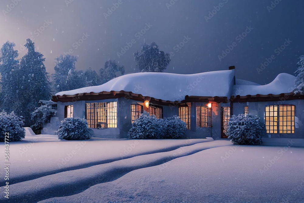 Beautiful Spanish style home Exterior Winter Landscape evergreen trees ...