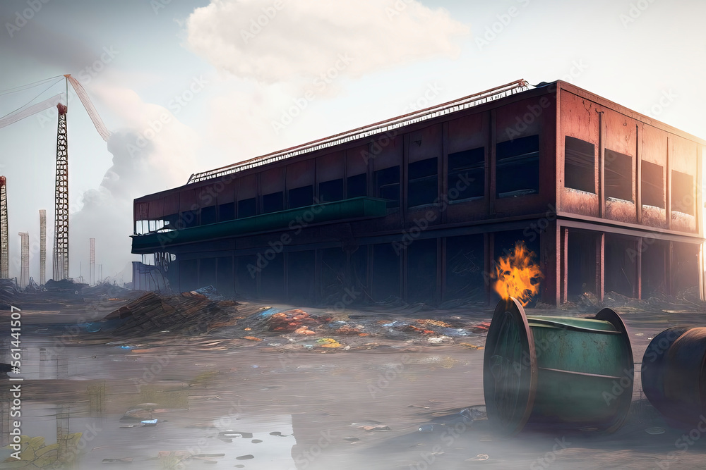 Dystopian factory site with empty production hall with a burning fire ...