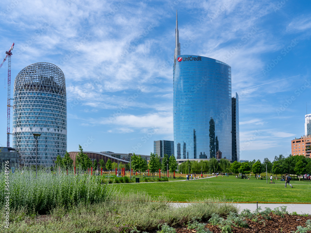 Milano, Italy. The iconic Unicredit tower and the BAM public park ...