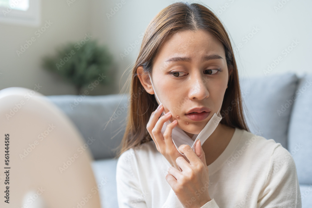 Expression worry asian young woman hand touching pustule around the ...