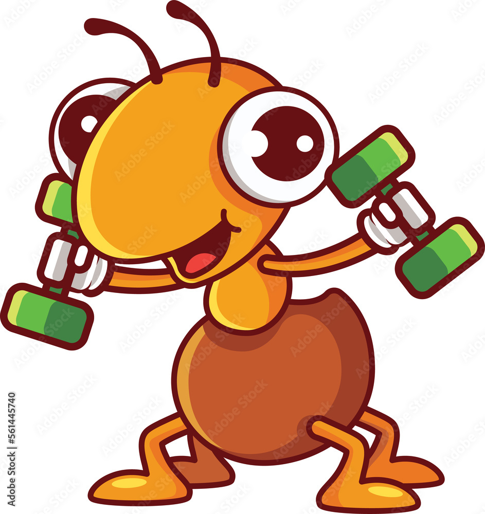 Cartoon cute ant doing fitness workout with carrying dumbbells vector ...