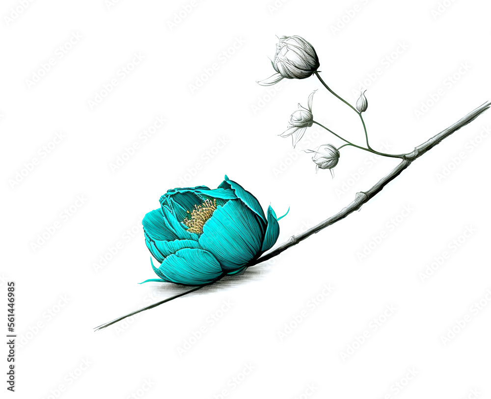 elegant turquoise flower with leaves isolated Stock Illustration ...