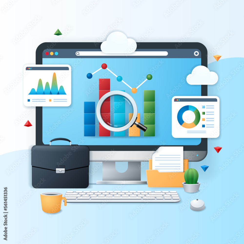 Business analysis banner. Computer with business charts on the screen ...