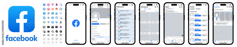 Facebook mockup. Mobile App interface template. Posts, likes, stories ...