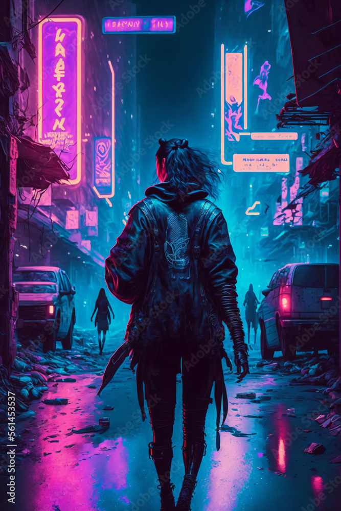 cyber city street with neon lights and cyberpunk girl, rain at night ...