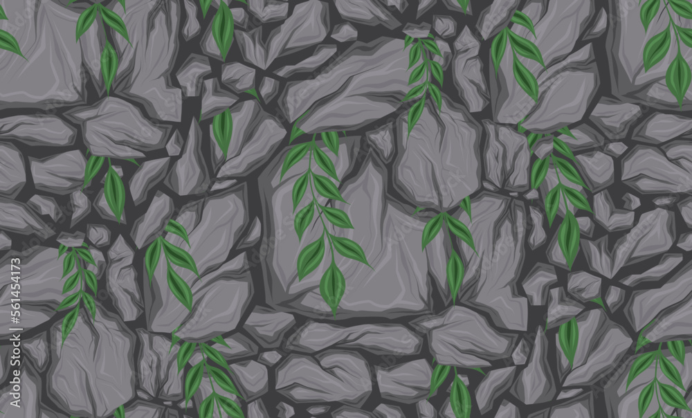 Vector seamless pattern with broken stones and stems with leaves ...