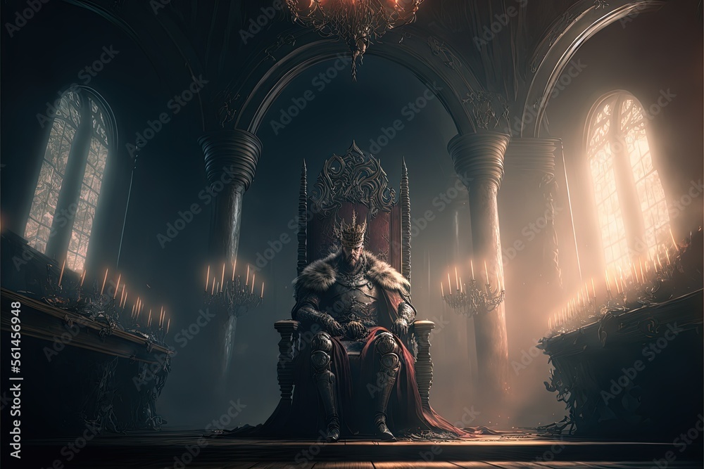 King sitting on the throne, old castle with big windows, Throne room ...