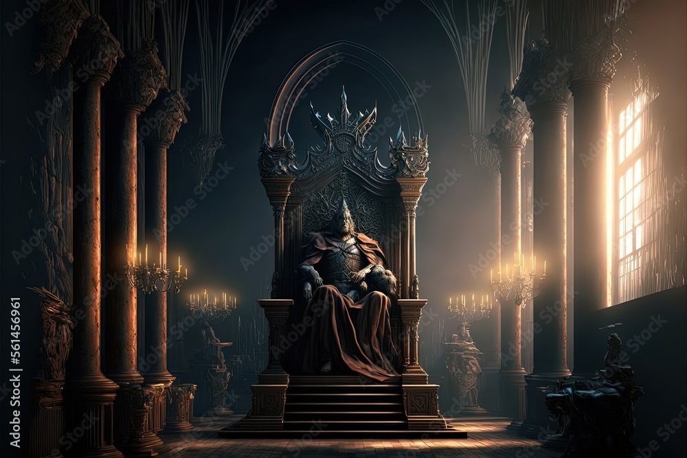 King sitting on the throne, old castle with big windows, Throne room ...