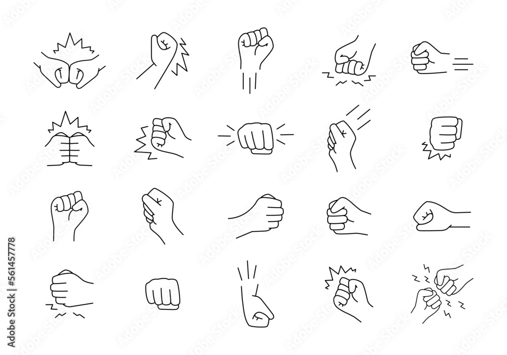 Fist punch. Fight hit. Power icons. Bump or violence hand line strokes ...