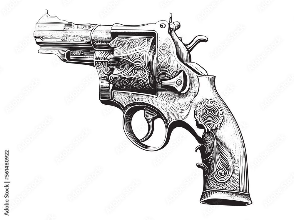 Vetor de Vintage revolver weapon hand drawn sketch Vector illustration ...