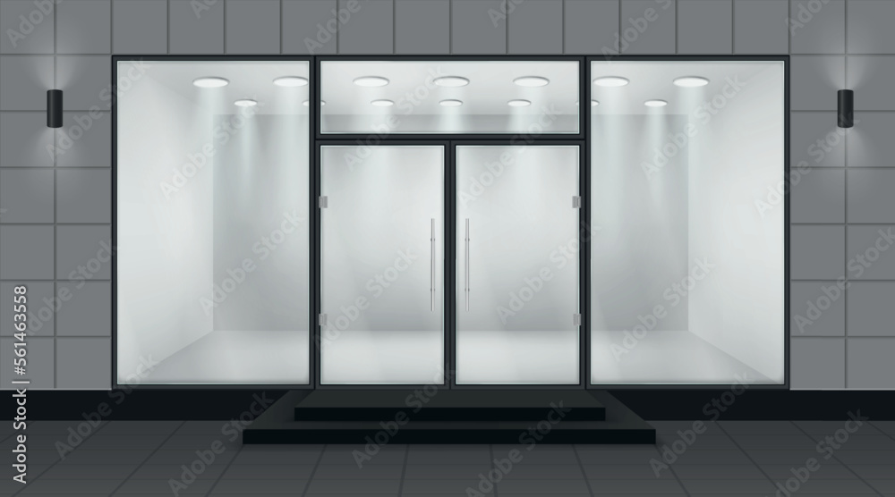 Shop storefront with glass doors and windows. Realistic showroom or ...