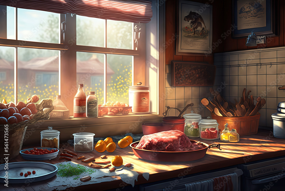American country kitchen with countertop, meat, spices, oil, vegetables ...