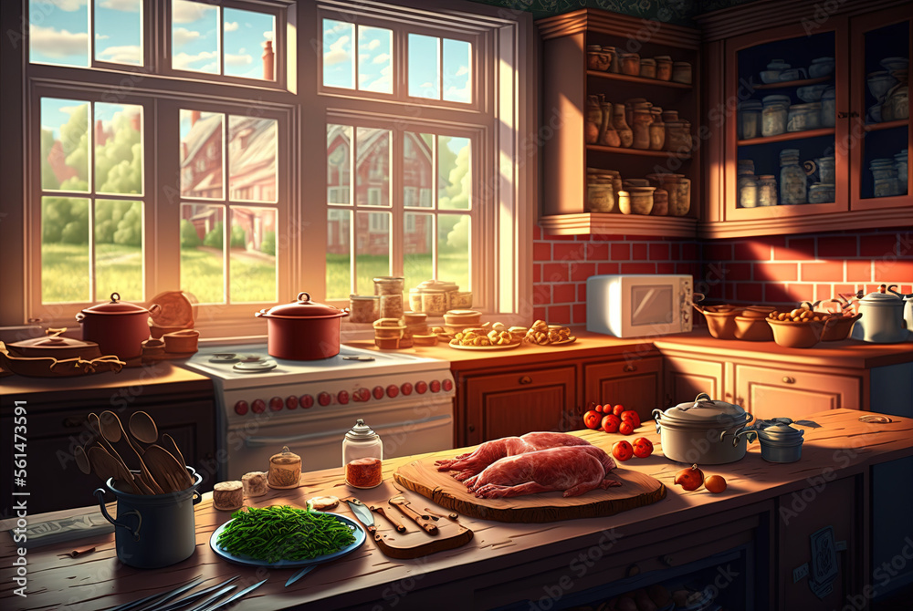 American country kitchen with countertop, meat, spices, oil, vegetables ...