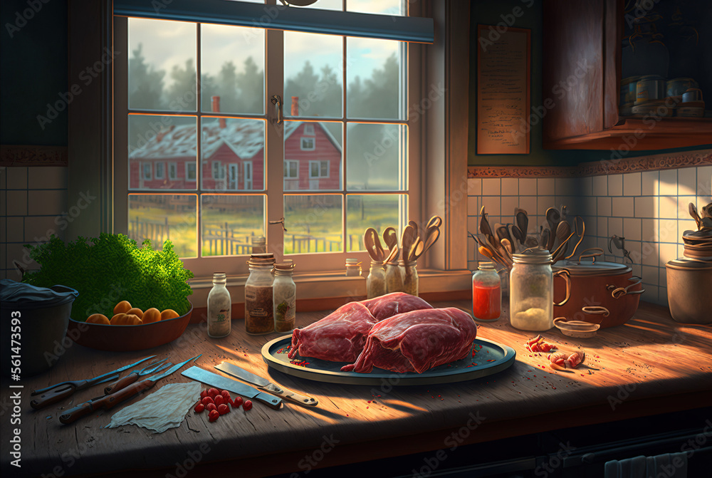 American country kitchen with countertop, meat, spices, oil, vegetables ...