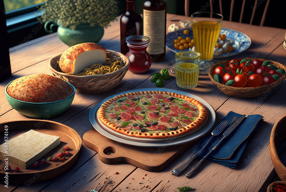 American country kitchen with countertop, meat, spices, oil, vegetables ...