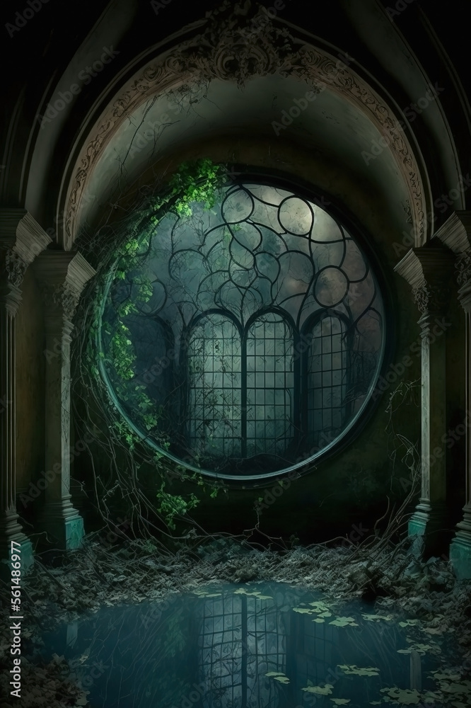 Abandoned old mansion interior. Round window. Round old broken vitral ...