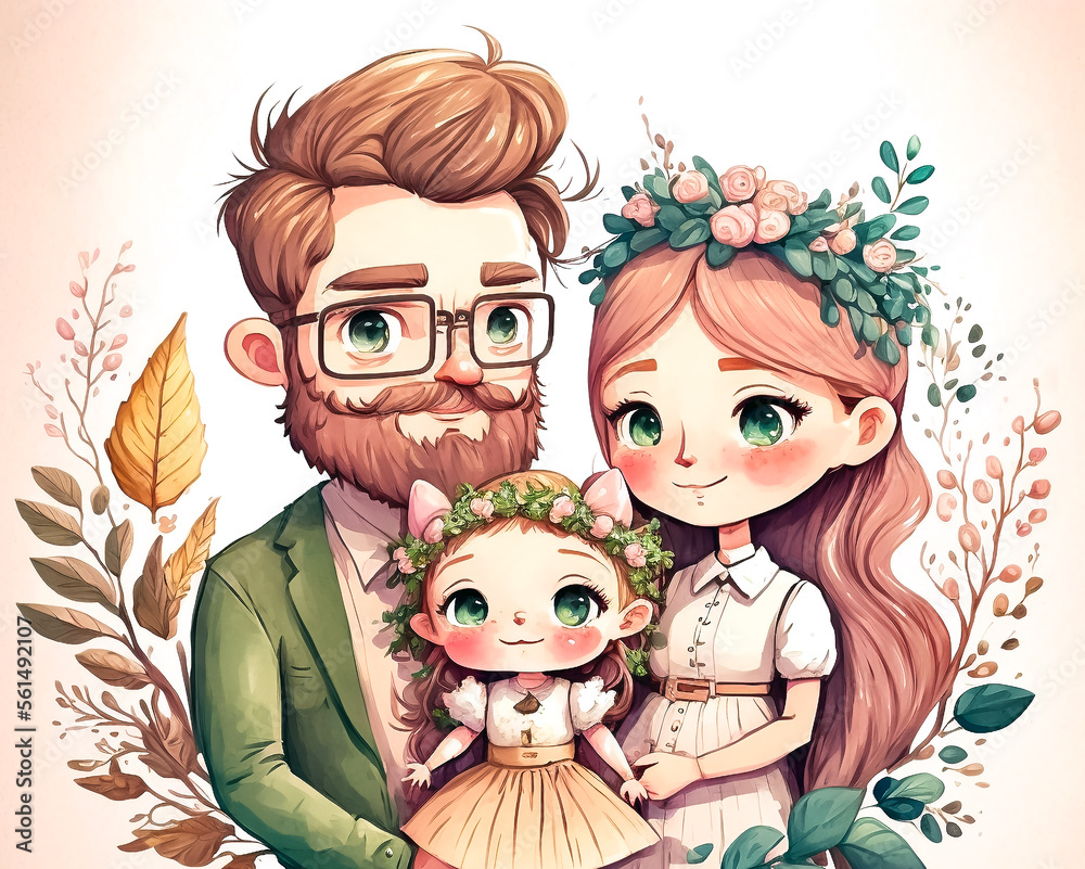Watercolor painting, portrait of young family with one child, parents ...