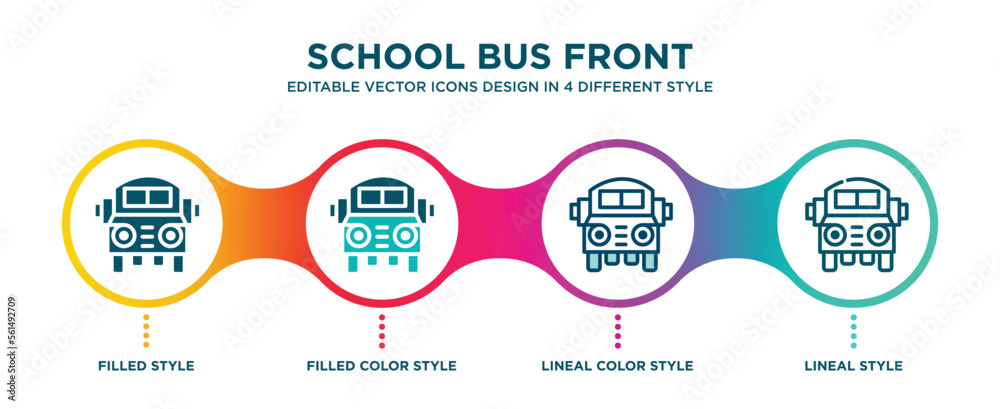 school bus front view icon in 4 different styles such as filled, color ...