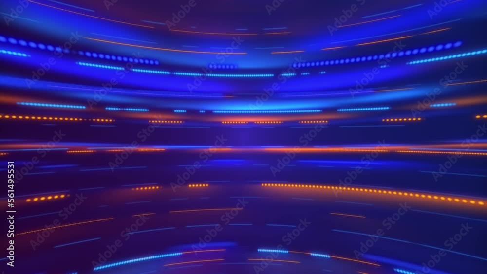 Neon digital data lights technology background with glowing gold and ...